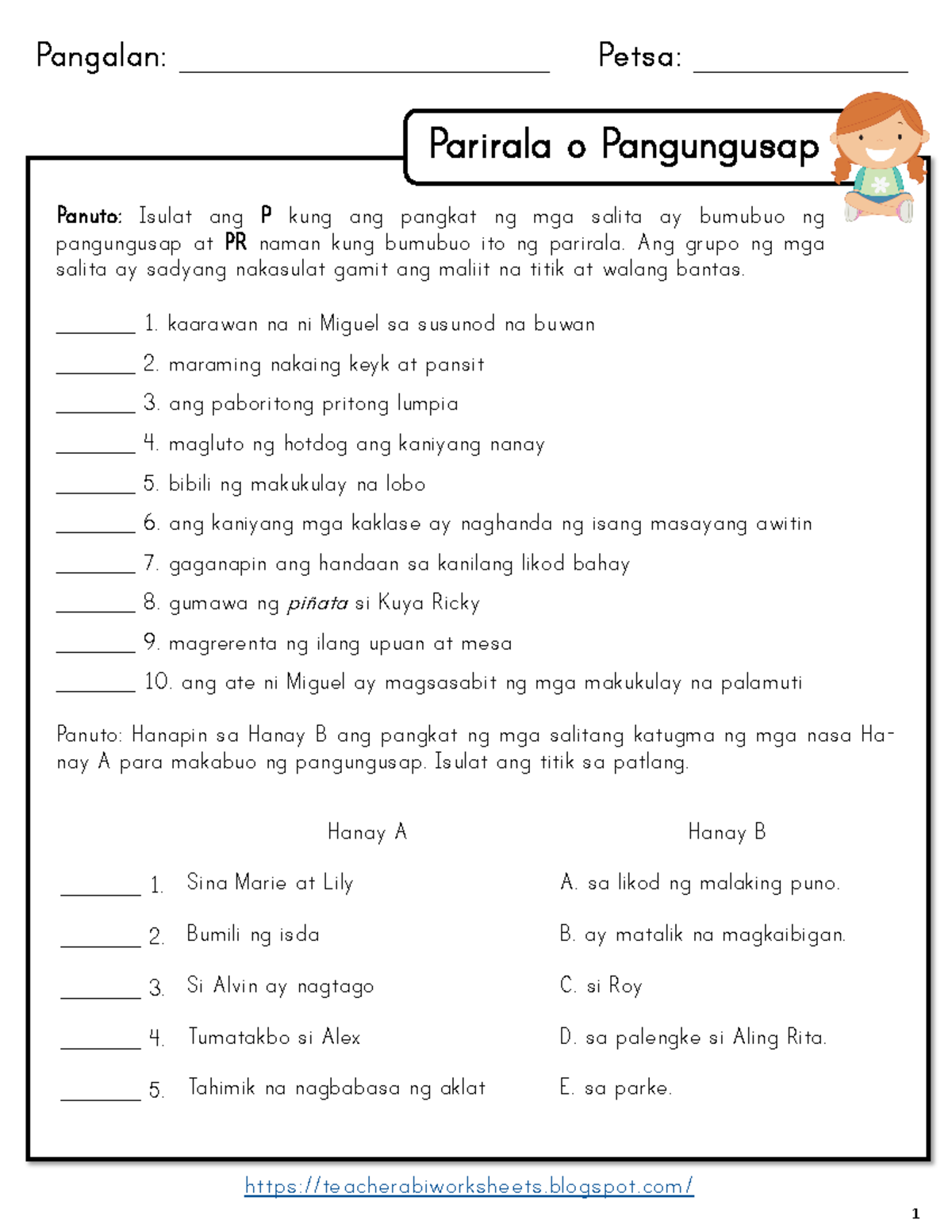 Parirala o pangungusap 1 - 1 Pangalan: ___________________ Petsa ...