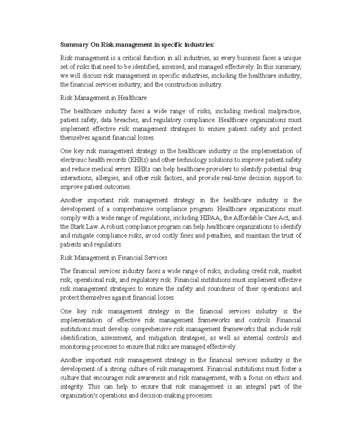 Summary On Risk management in specific industries - In this summary, we ...
