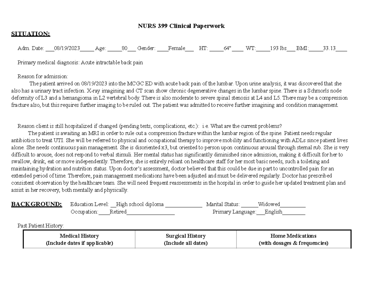 NURS 399 care plan 1 - Med surg care plan - NURS 399 Clinical Paperwork ...