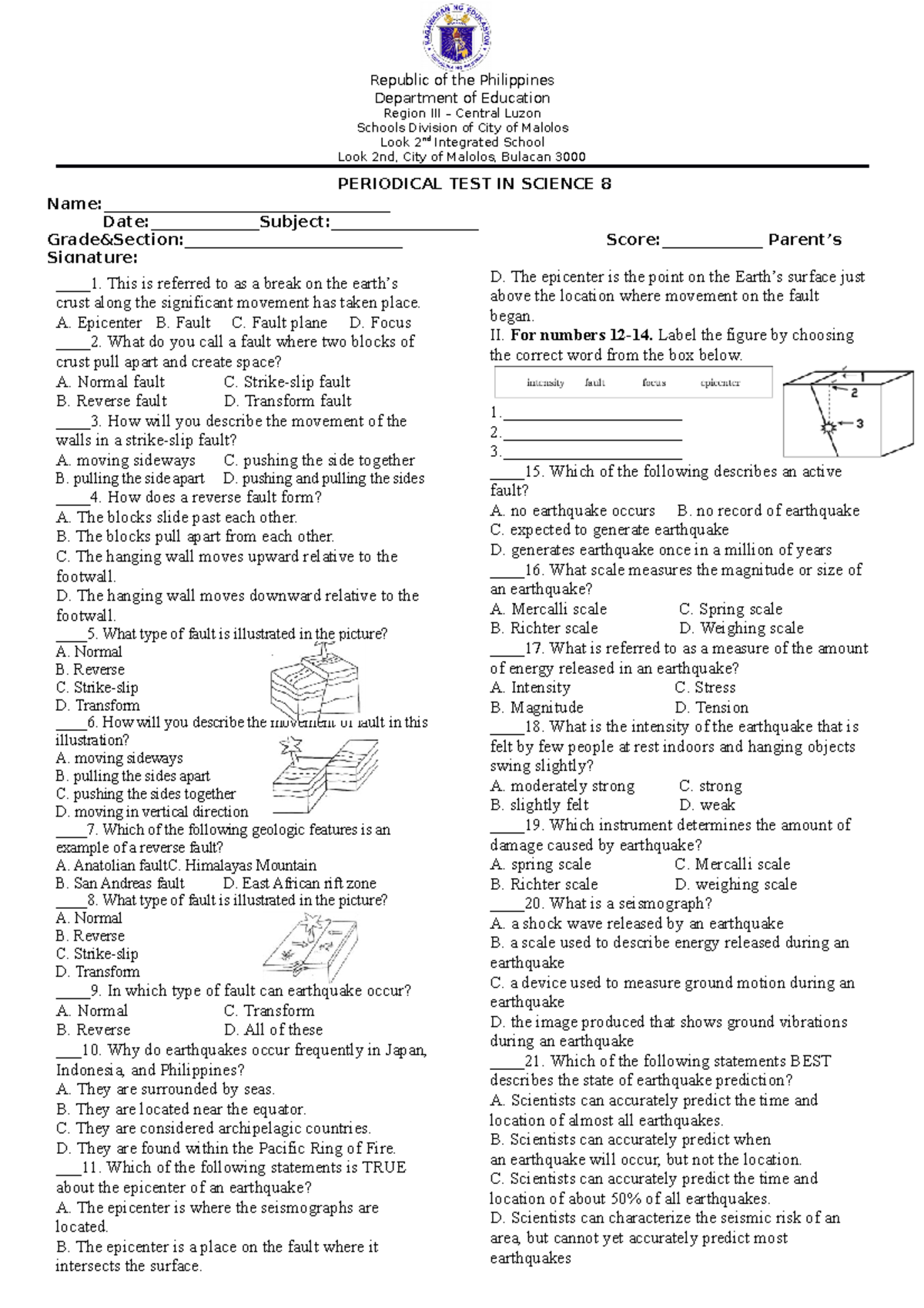 2nd Periodicaltest Science 8 - Republic of the Philippines Department ...