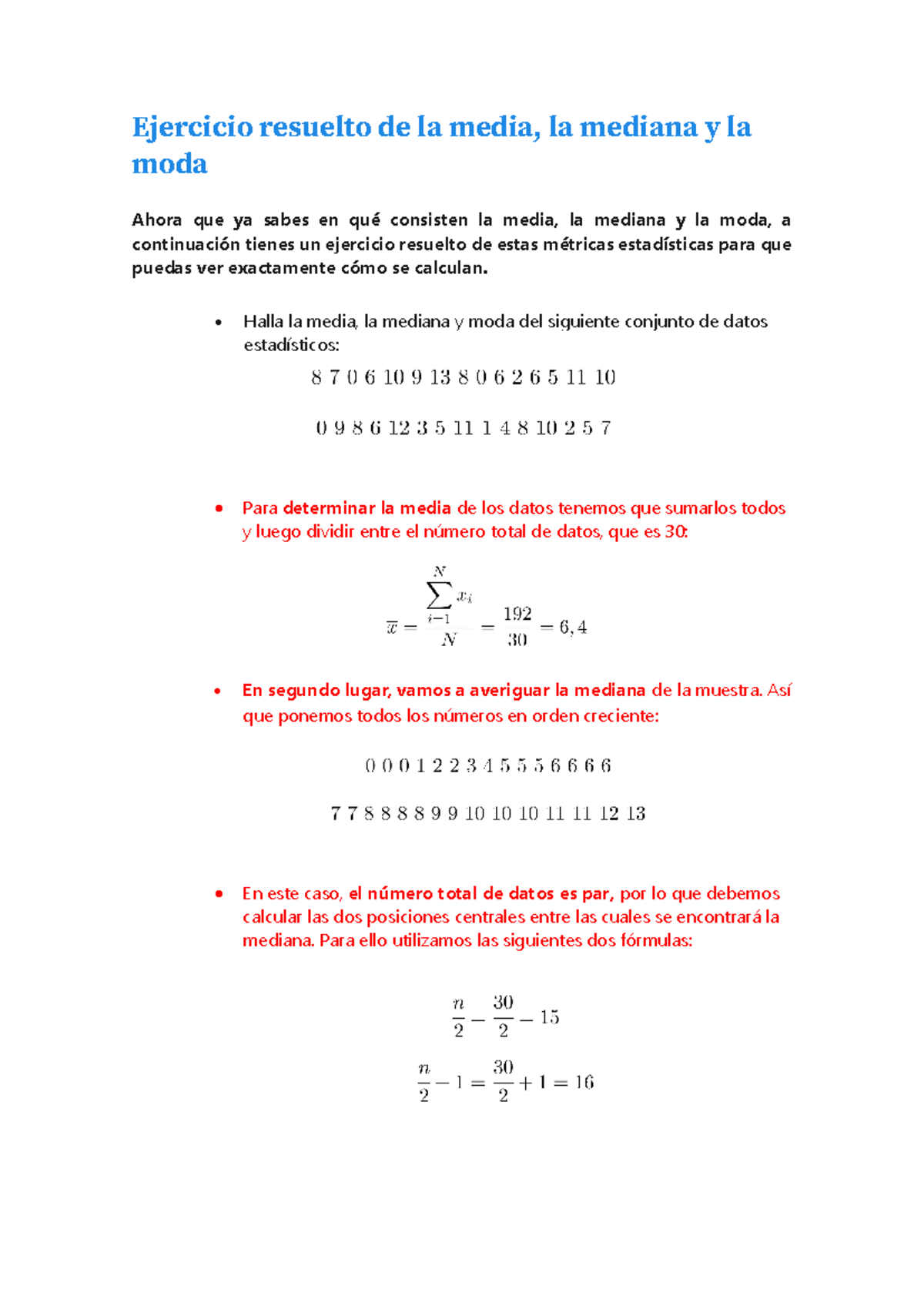 Ejercicio resuelto de la media, la mediana y la moda - Ejercicio resuelto de la media, la ...