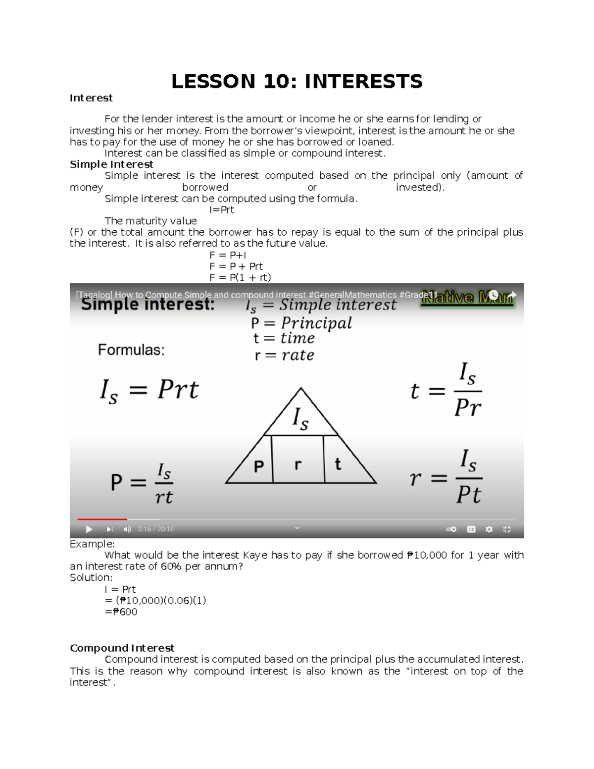Lesson 10-Business Math-Interests - LESSON 10: INTERESTS Interest For ...