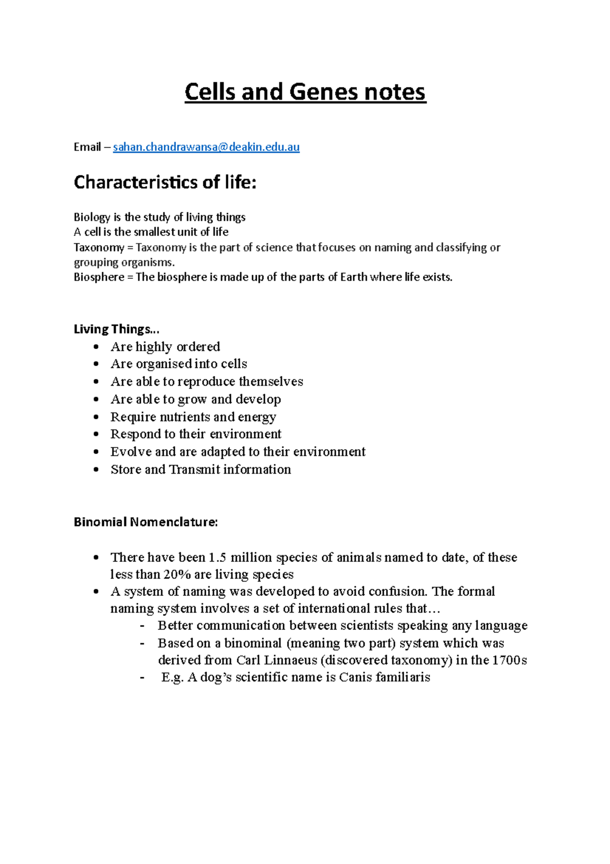 Cells and Genes notes - Cells and Genes notes Email – sahan@deakin.edu ...