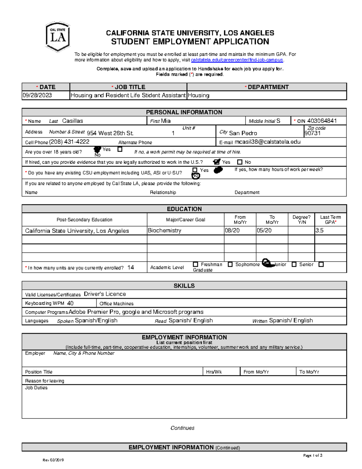 Student employment application - Page 1 of 2 Rev 02/ CALIFORNIA STATE ...
