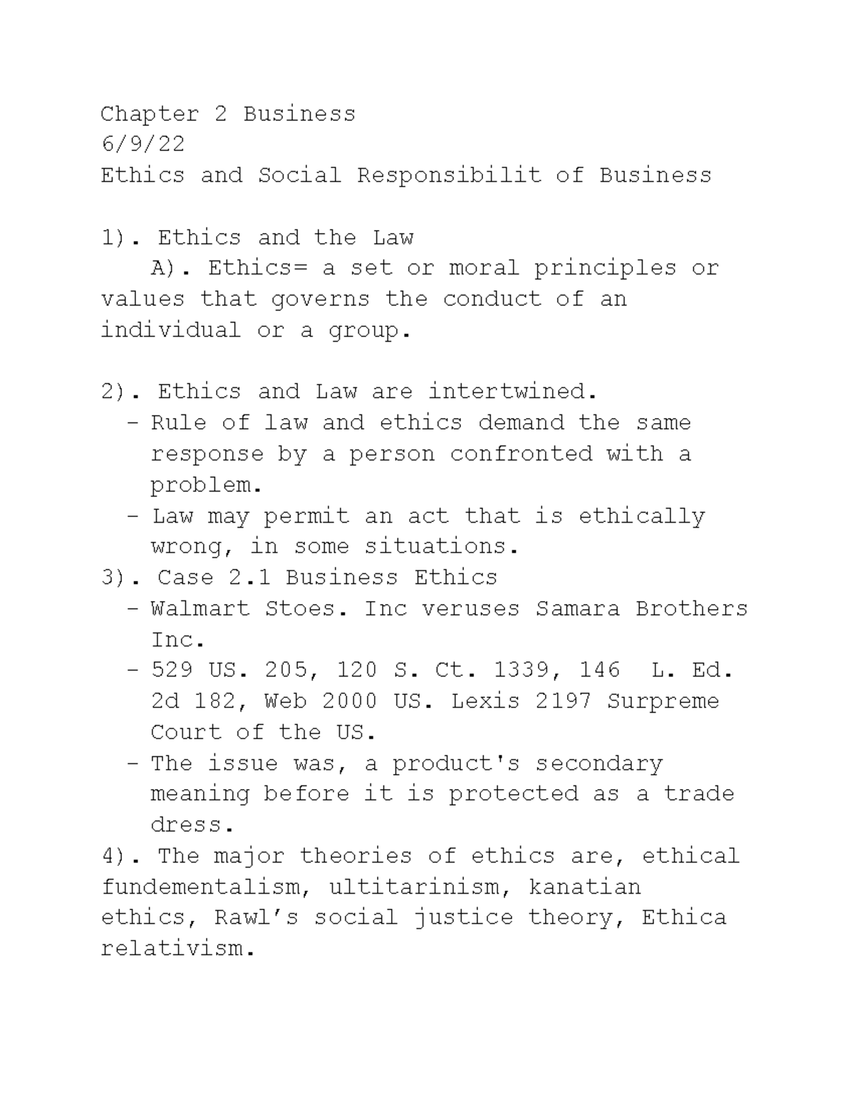 Chapter 2 business - notes - Chapter 2 Business 6/9/ Ethics and Social ...