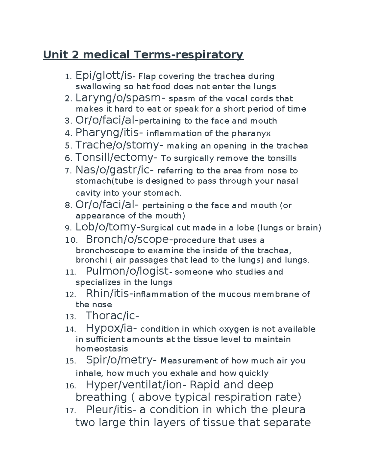 Unit 2 medterms respiratory - Unit 2 medical Terms-respiratory 1. Epi ...