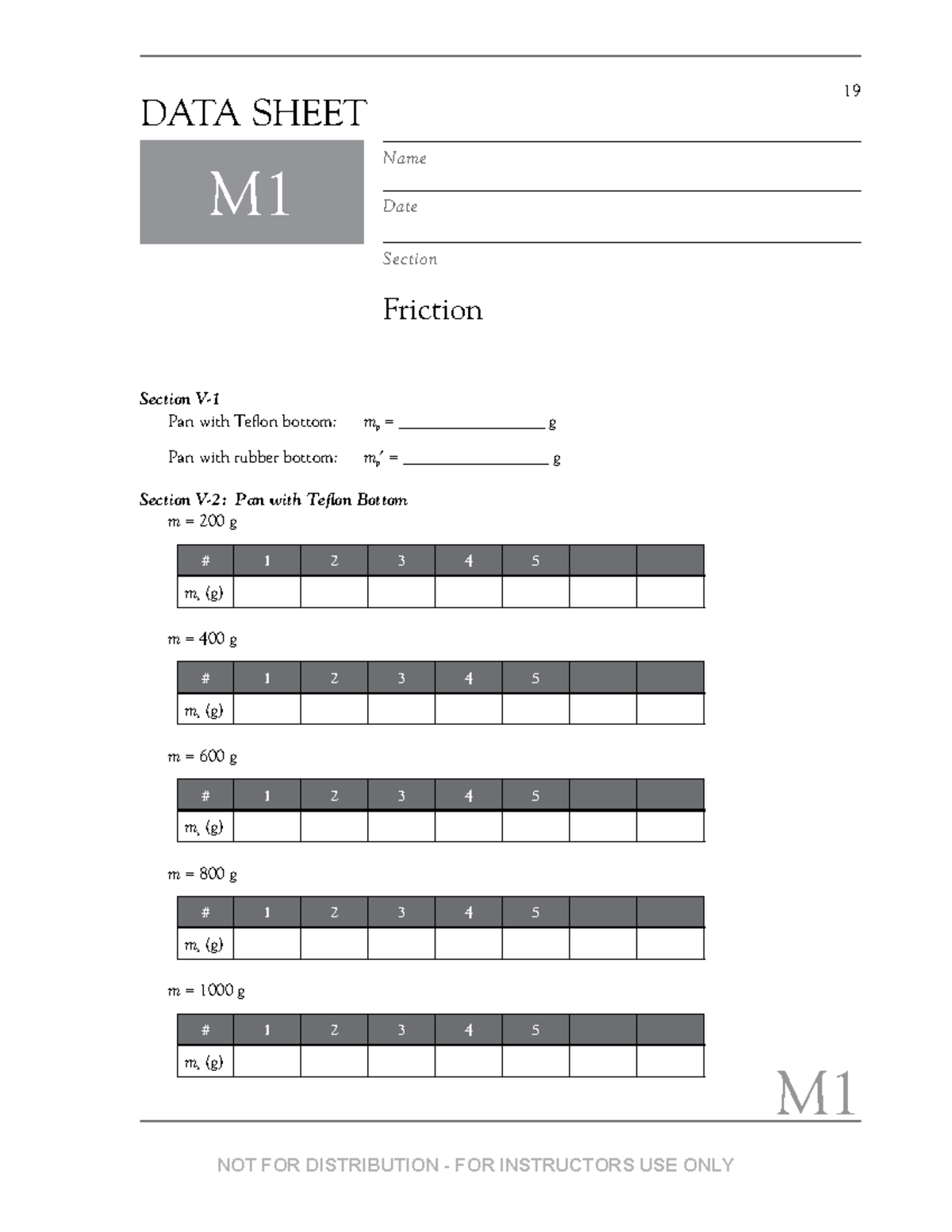 151-M1 Data tables - Lab menal - 19 M Name Date Section Friction M DATA SHEET Section V- Pan ...