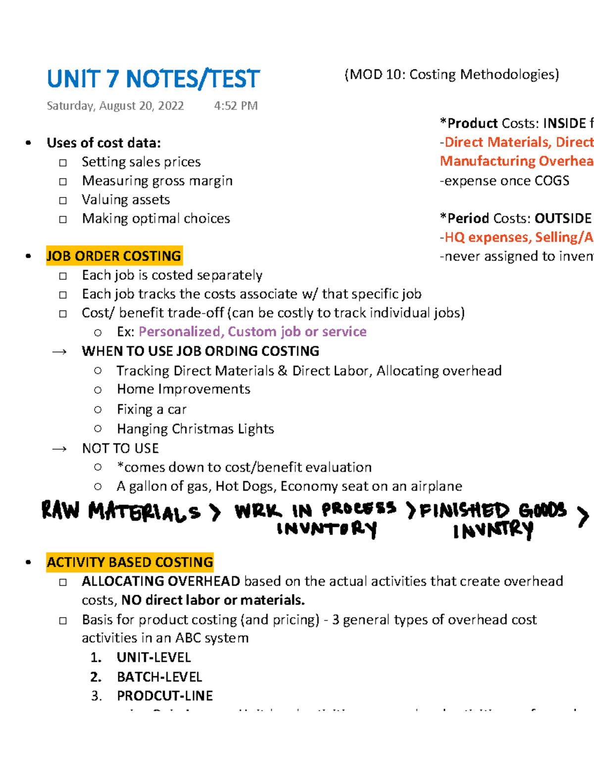 UNIT 7 Notestest - Uses of cost data: Setting sales prices Measuring ...