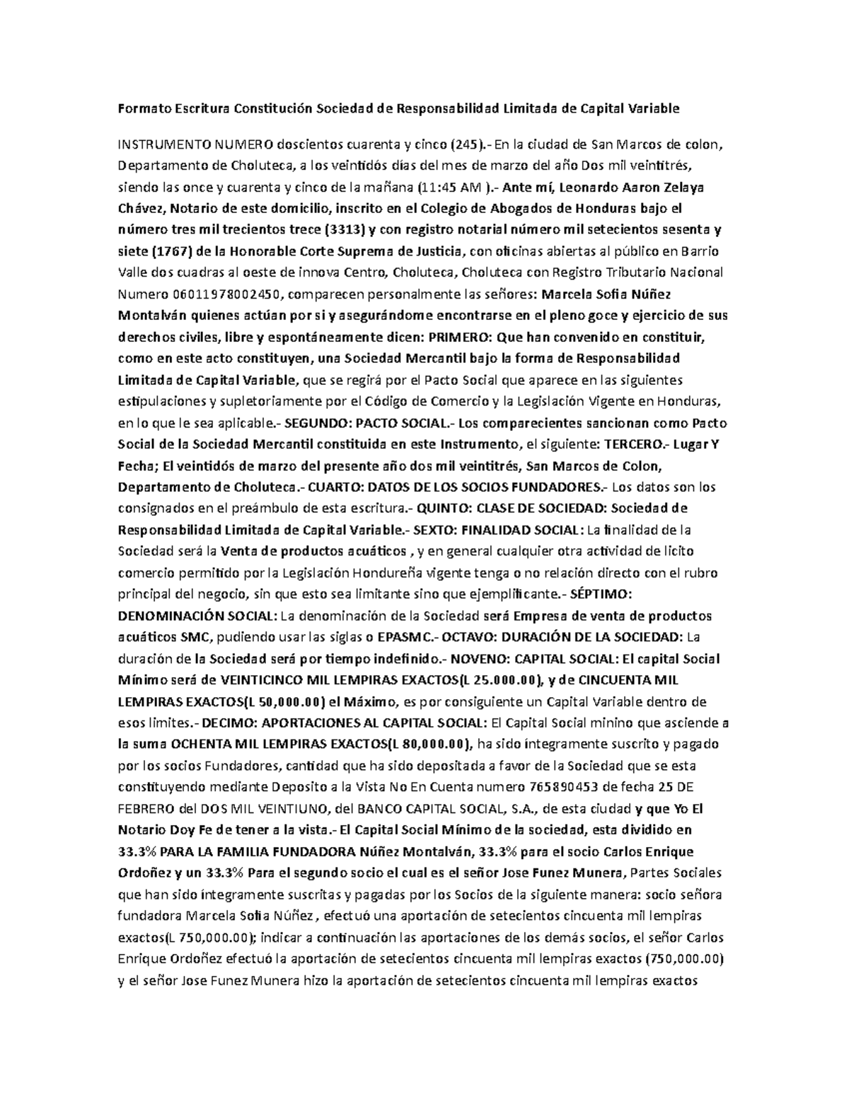 Formato escritura constitucion sociedad de responsabilidad limitada de capital variable ...