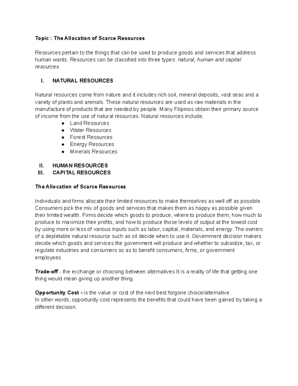 Topic - The Allocation of Scarce Resources - Topic : The Allocation of ...