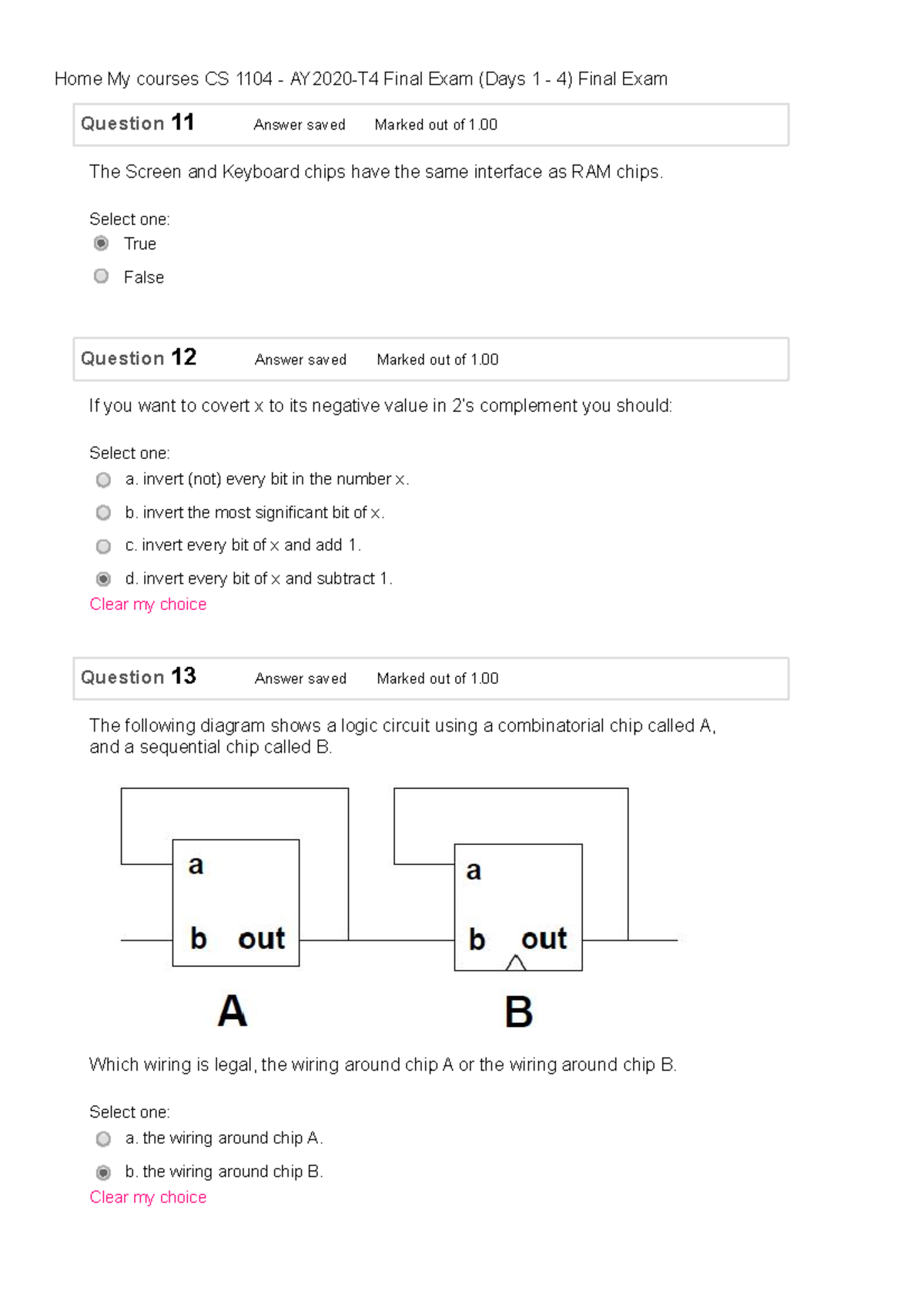CS 1104 - AY2020-T4 Final Exam (page 2 of 2) - Question 11 Answer saved ...
