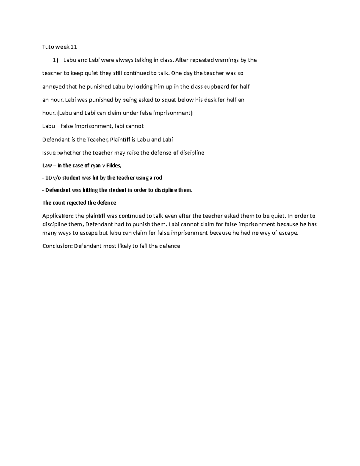 Tuto tort 11 - Tutorial question - Tuto week 11 1) Labu and Labi were always talking in class ...