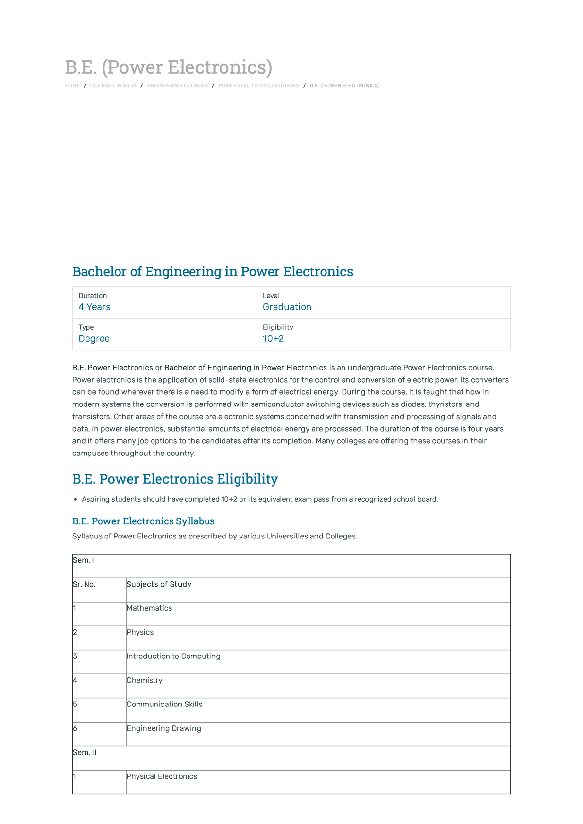 B.E. (Power Electronics), Bachelor of Engineering in Power Electronics ...