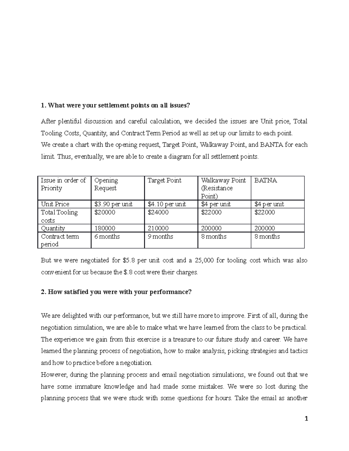 Negotiation overall statement - 1. What were your settlement points on ...