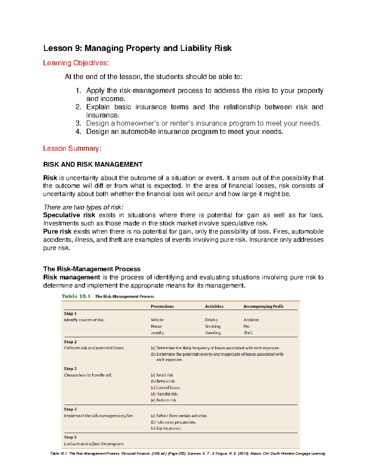 Lesson 9-Managing Property and Liability Risk - Explain basic insurance ...