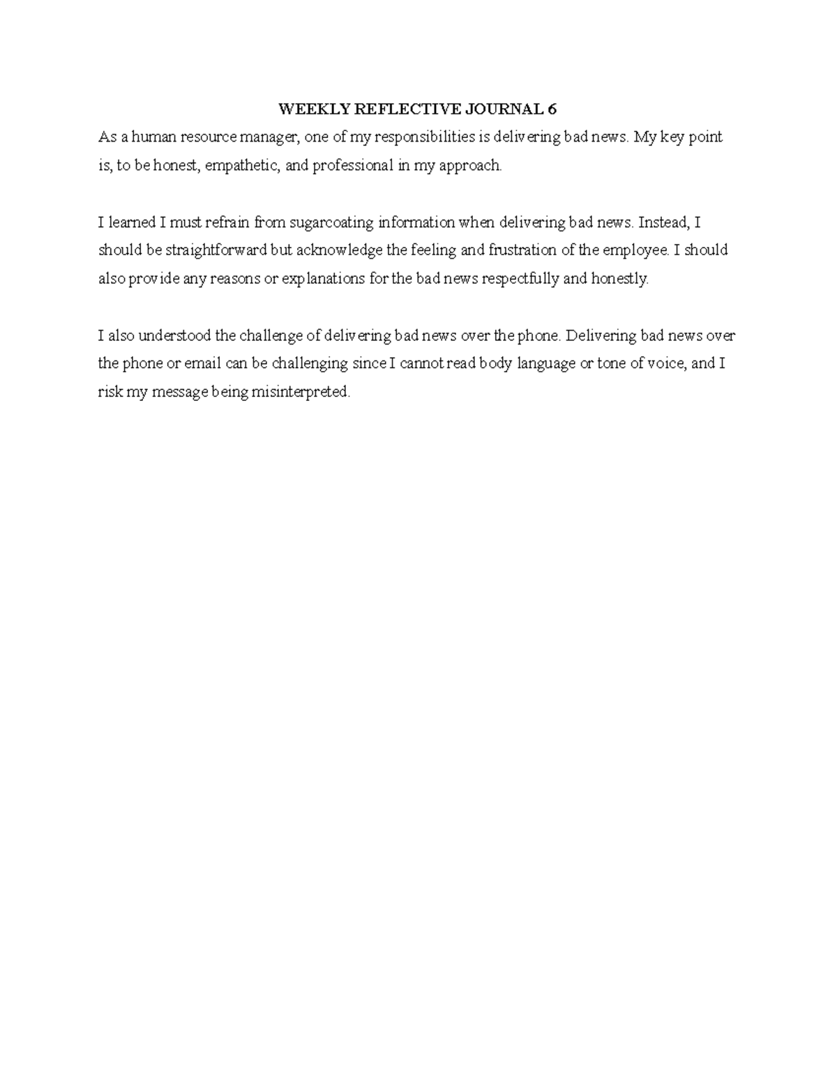 Weekly Reflective Journal 6 - BSMM 8000B - U of W - Studocu