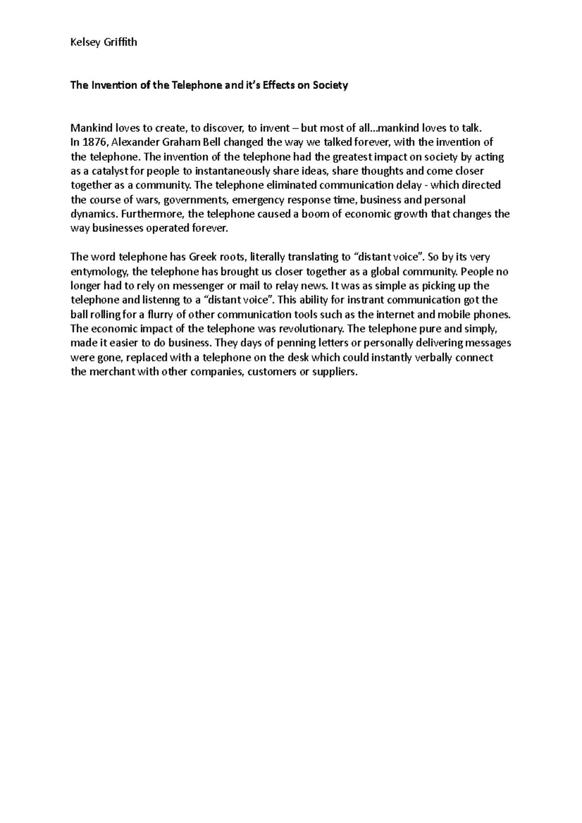 big ideas paragraph assignment - Kelsey Griffith The Invention of the ...