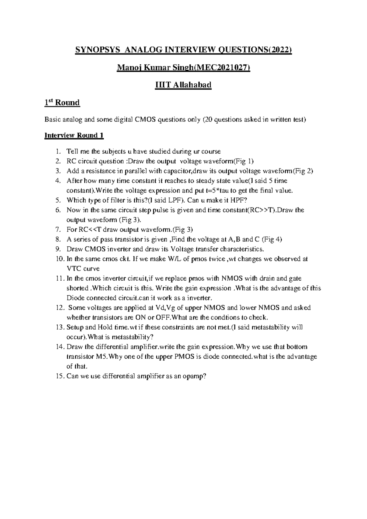 Synopsys Manoj Singh - SYNOPSYS ANALOG INTERVIEW QUESTIONS( 2022 ) Manoj Kumar Singh(MEC2021027 ...