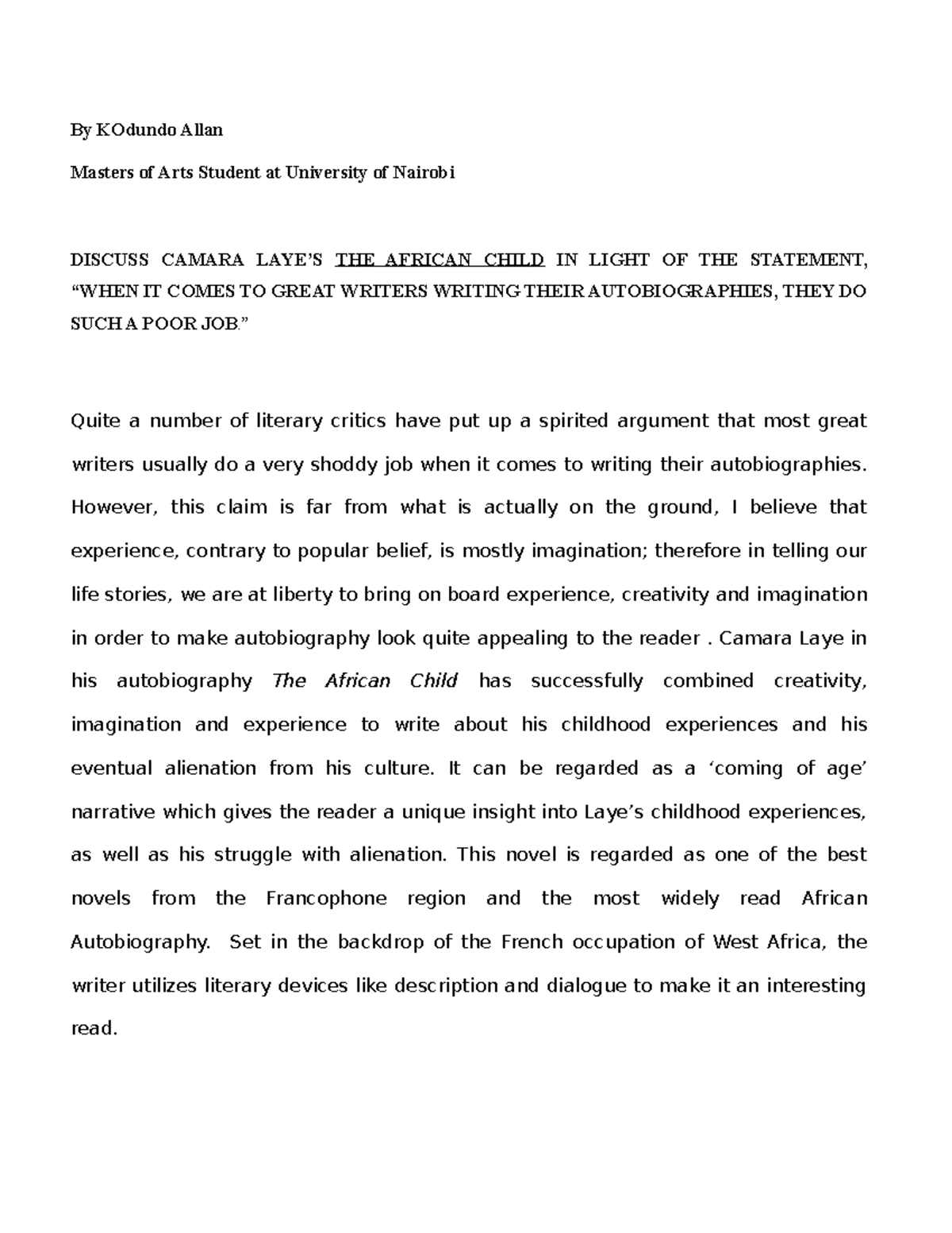 Discuss Camara LAYE Autobiography - By KOdundo Allan Masters of Arts ...