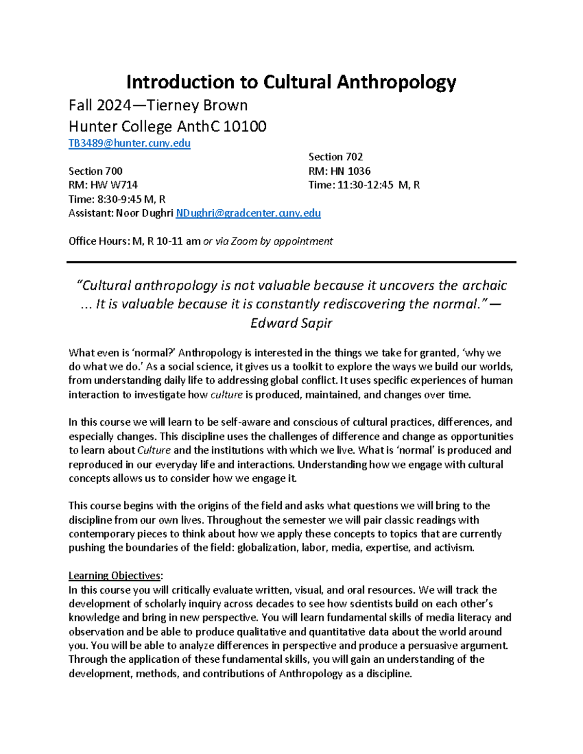 Anth 10100 Fall 2024 HC Syllabus Anth Intro - Fall 2024—Tierney Brown ...