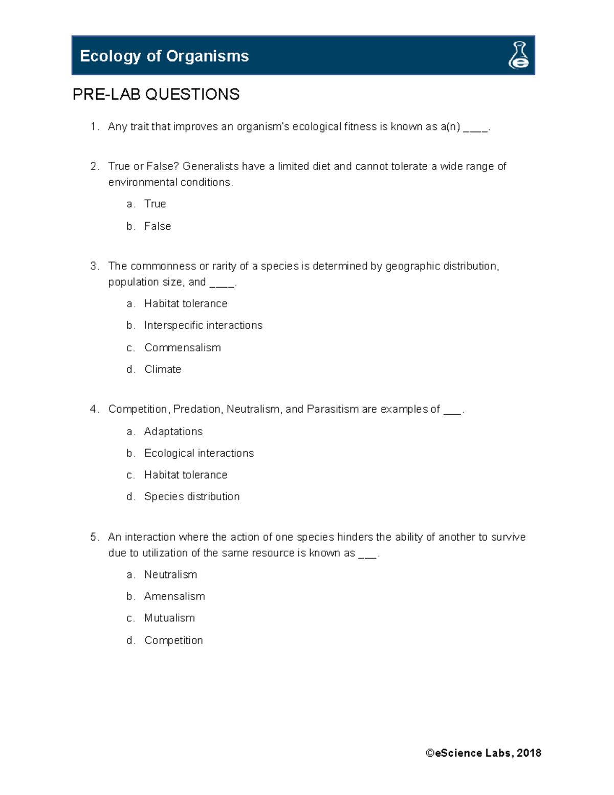 ES 3401 L04 Ecology Organisms - PRE-LAB QUESTIONS Any trait that ...