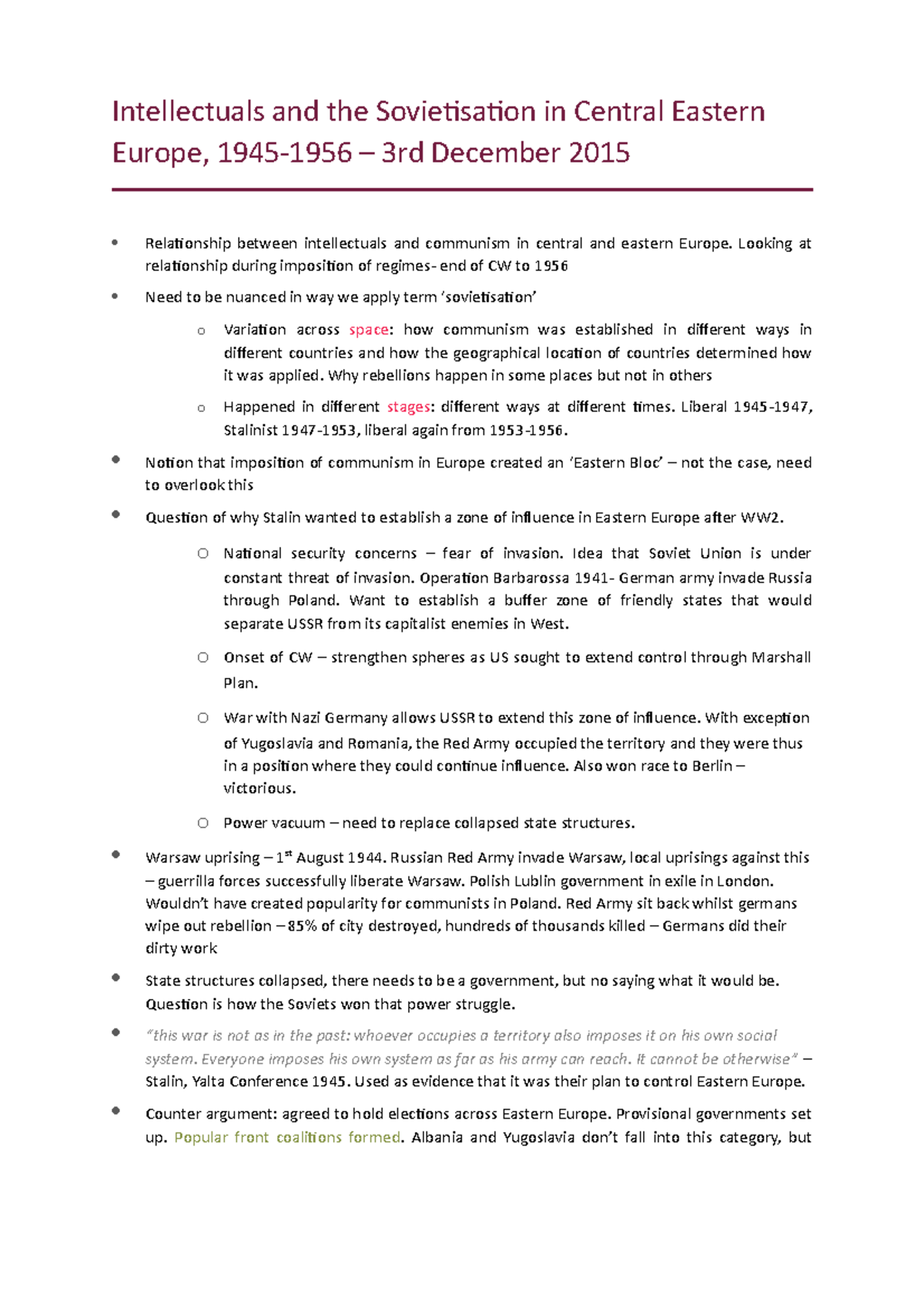 CW8 - Lecture notes 8 - Intellectuals and the Sovietisation in Central ...