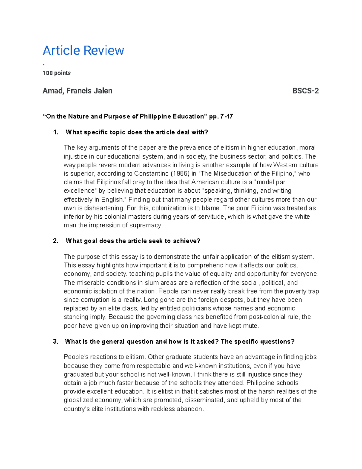Article Review - “On the Nature and Purpose of Philippine Education ...