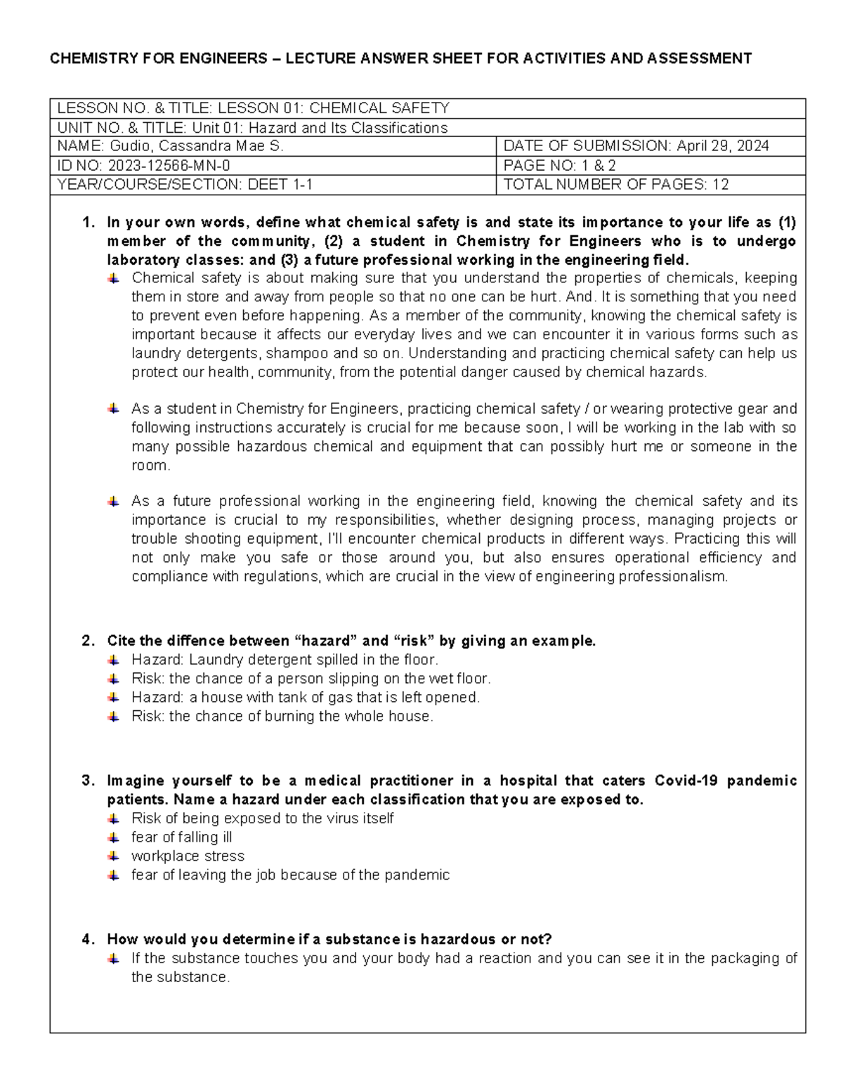 DEET11 Gudio LO1 - CHEMISTRY FOR ENGINEERS – LECTURE ANSWER SHEET FOR ...
