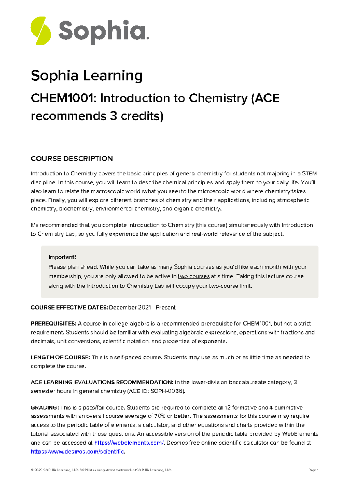 Sophia introduction to chemistry syllabus - Sophia Learning CHEM1001 ...