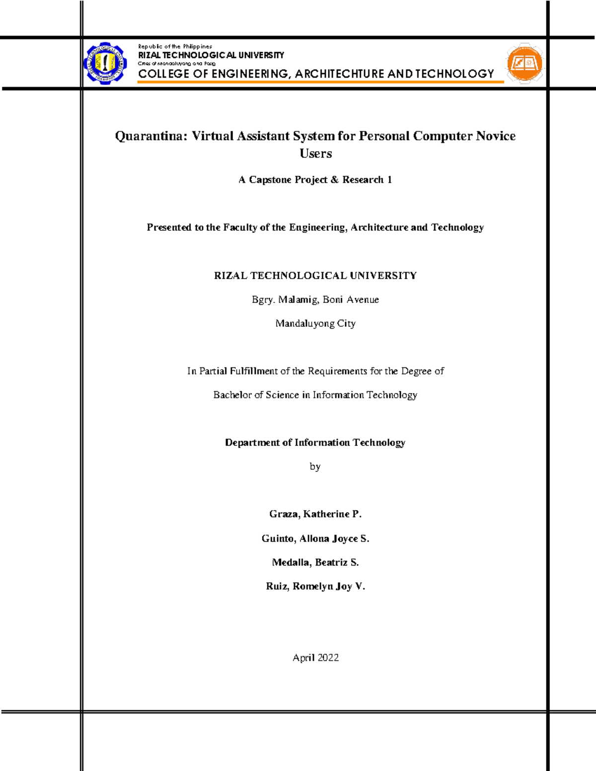 Group 1 Quarantina Virtual Assistant FOR Personal Computer Novice Users ...