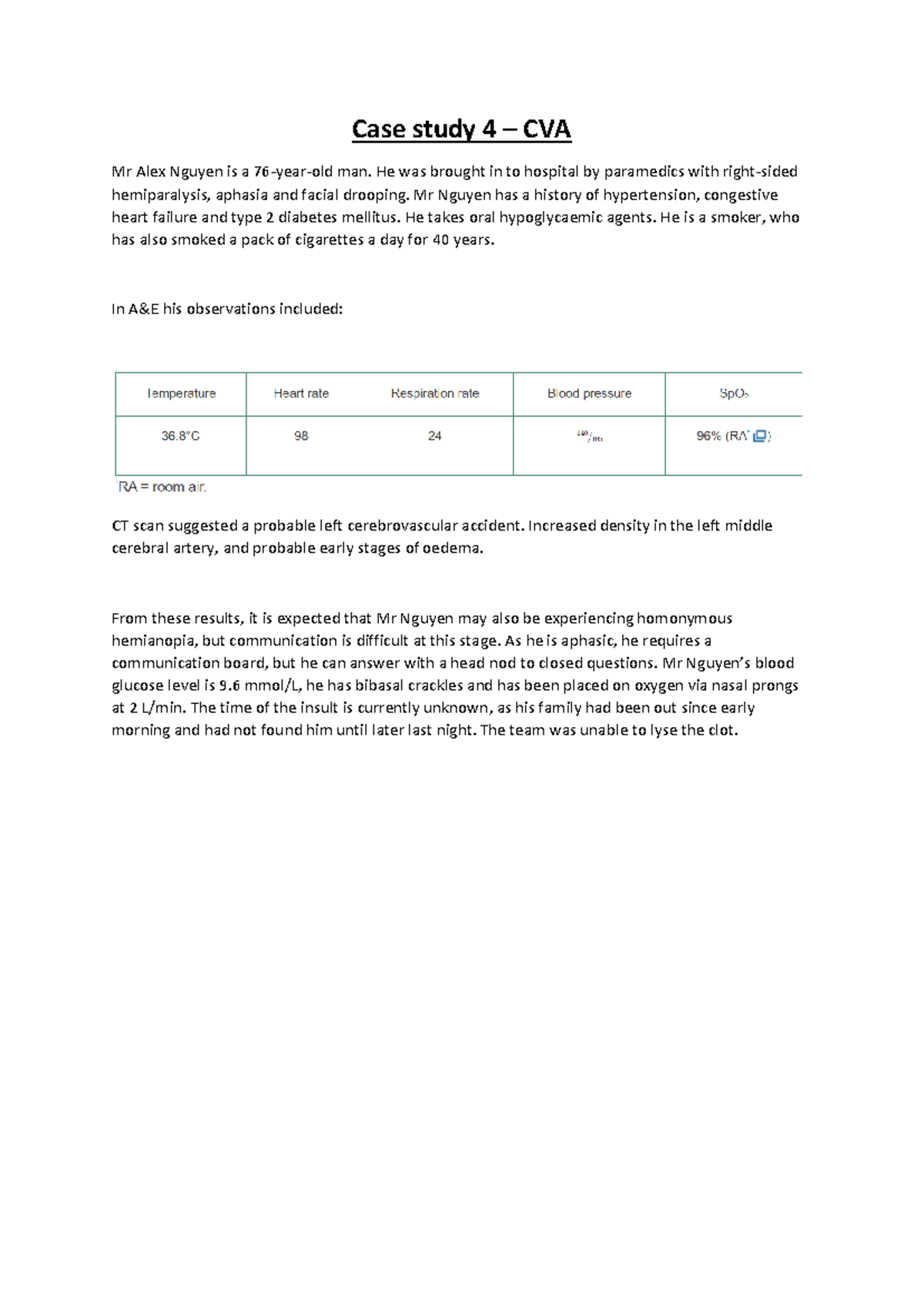 Case study 4 - CVA - Case study 4 – CVA Mr Alex Nguyen is a 76-year-old ...