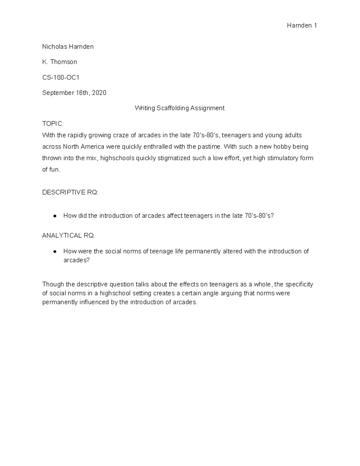 Writing Scaffolding Assignment #1 - Harnden 1 Nicholas Harnden K ...