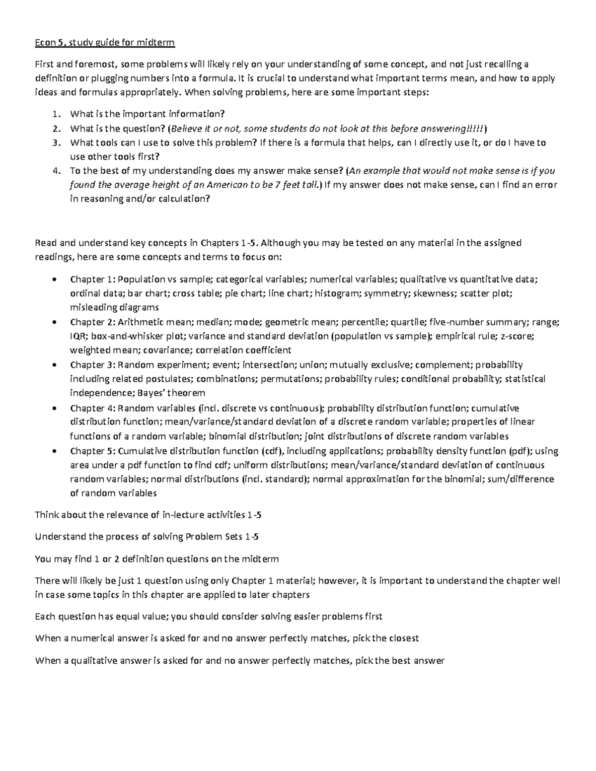 Midterm study guide - Econ 5 - Econ 5, study guide for midterm First and foremost, some problems ...