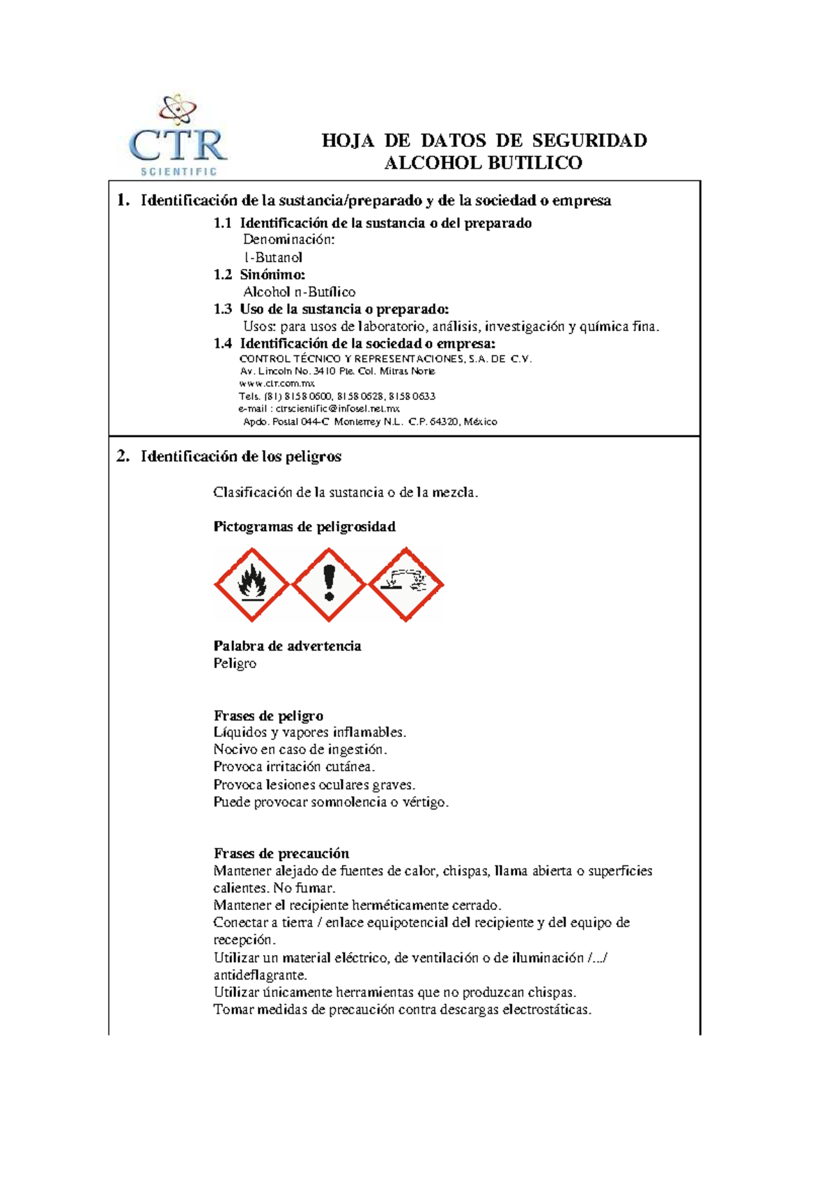 Alcohol Butílico - TAREAS - ALCOHOL BUTILICO 1. Identificación de la ...