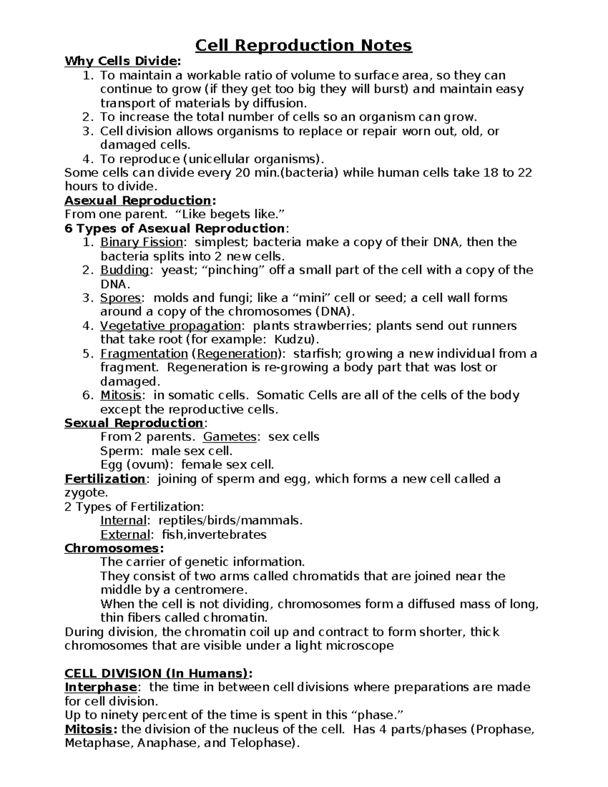 Cell Reproduction Notes - To maintain a workable ratio of volume to ...
