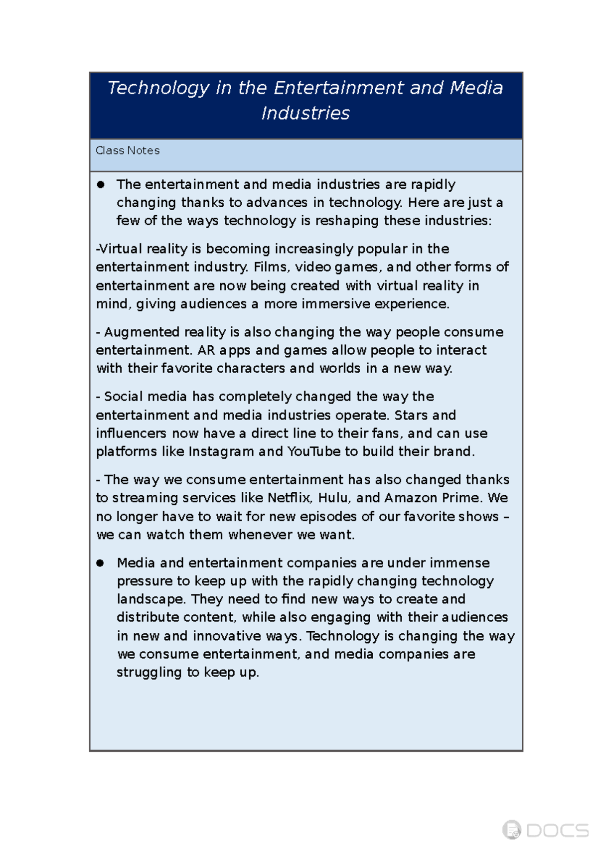 Technology in the Entertainment and Media Industries notes - Technology ...