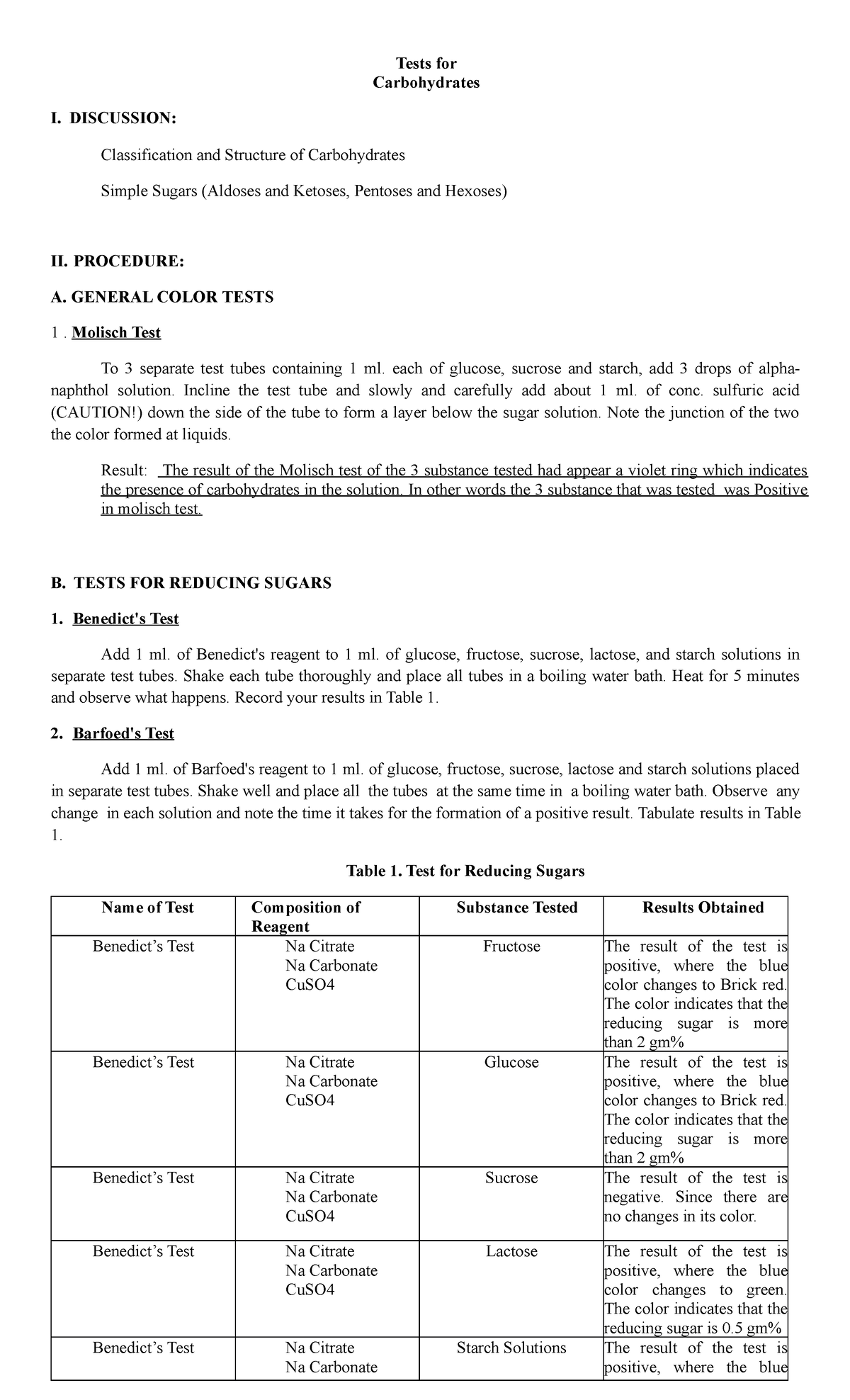 Tests for Carbohydrates - DISCUSSION: Classification and Structure of ...