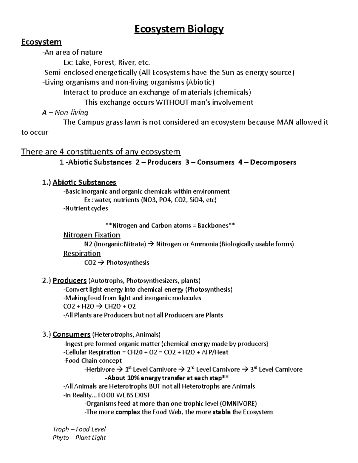 SG Test1 Bio Principles II - Ecosystem Biology Ecosystem -An area of ...