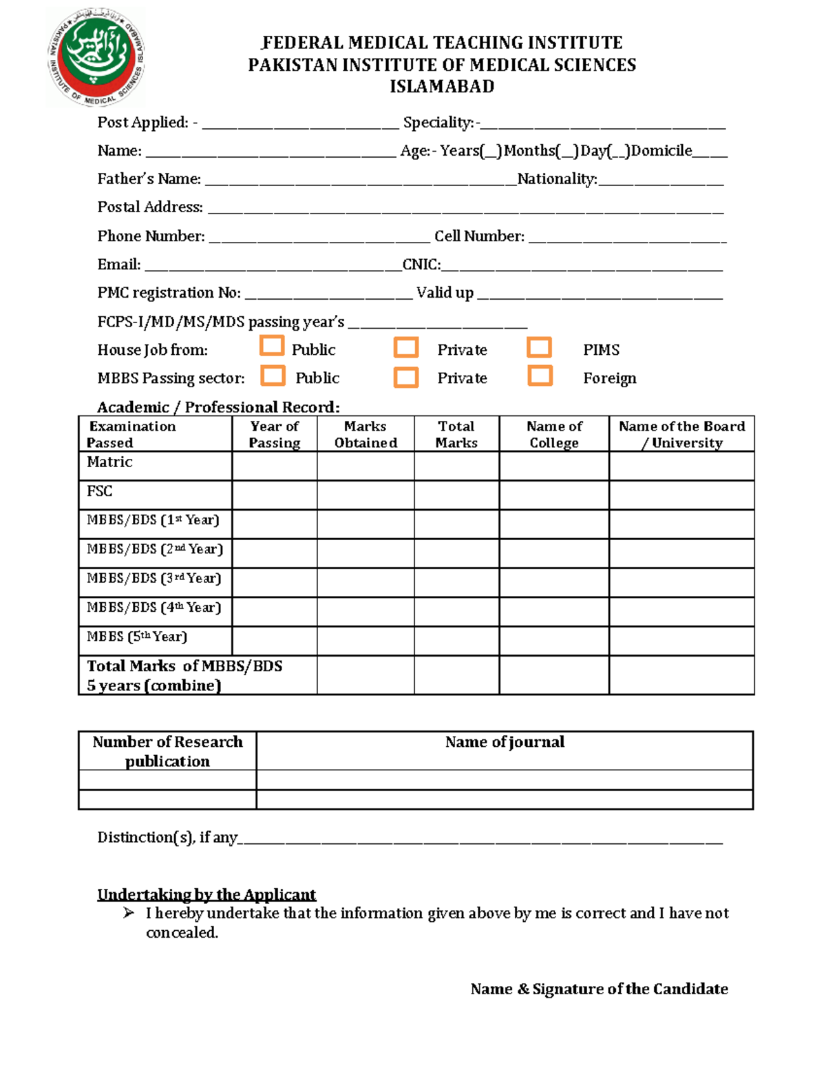 FCPS Application form - `FEDERAL MEDICAL TEACHING INSTITUTE PAKISTAN ...