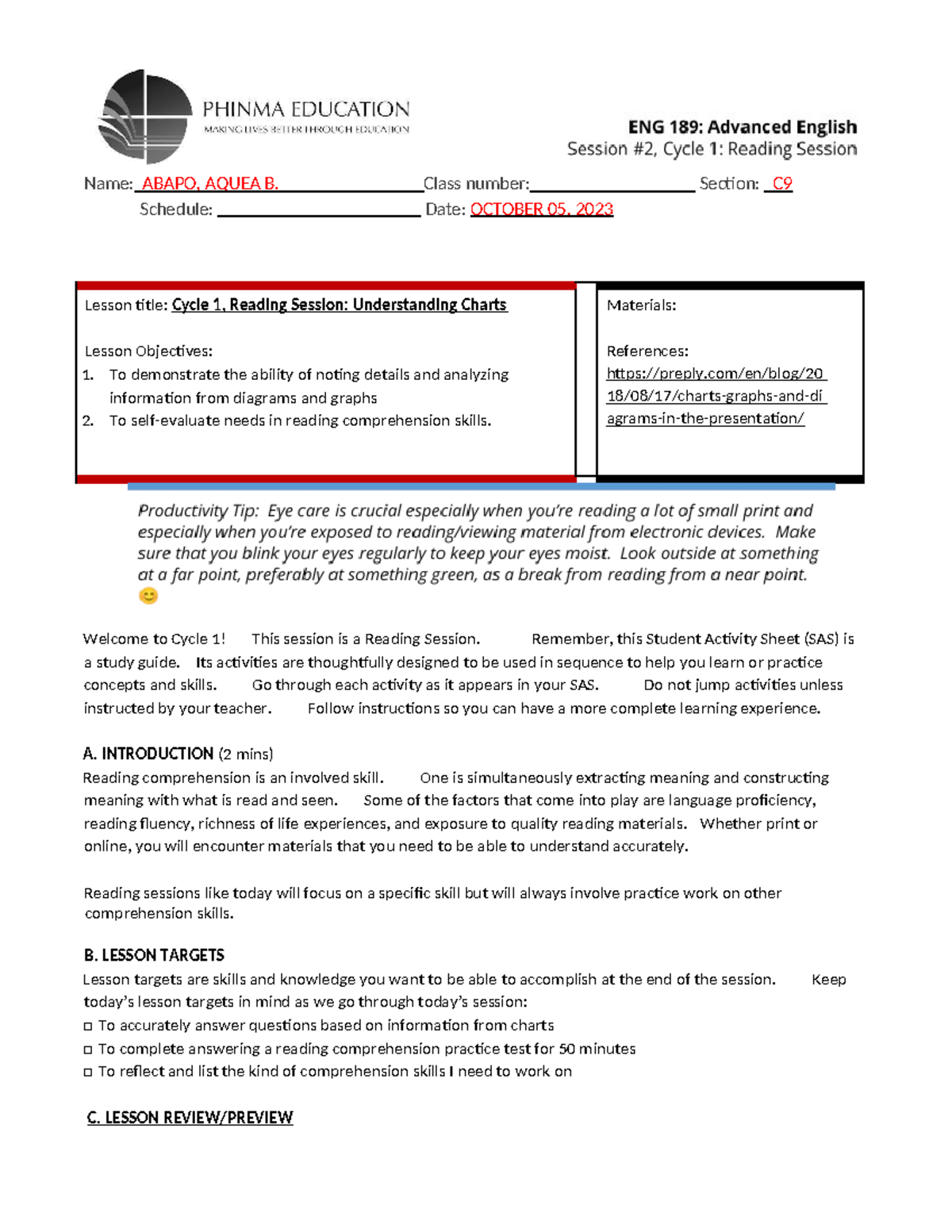 ENG 189 SAS#2 reading - Name: ABAPO, AQUEA B. Class number: Section: C Schedule: Date: OCTOBER ...