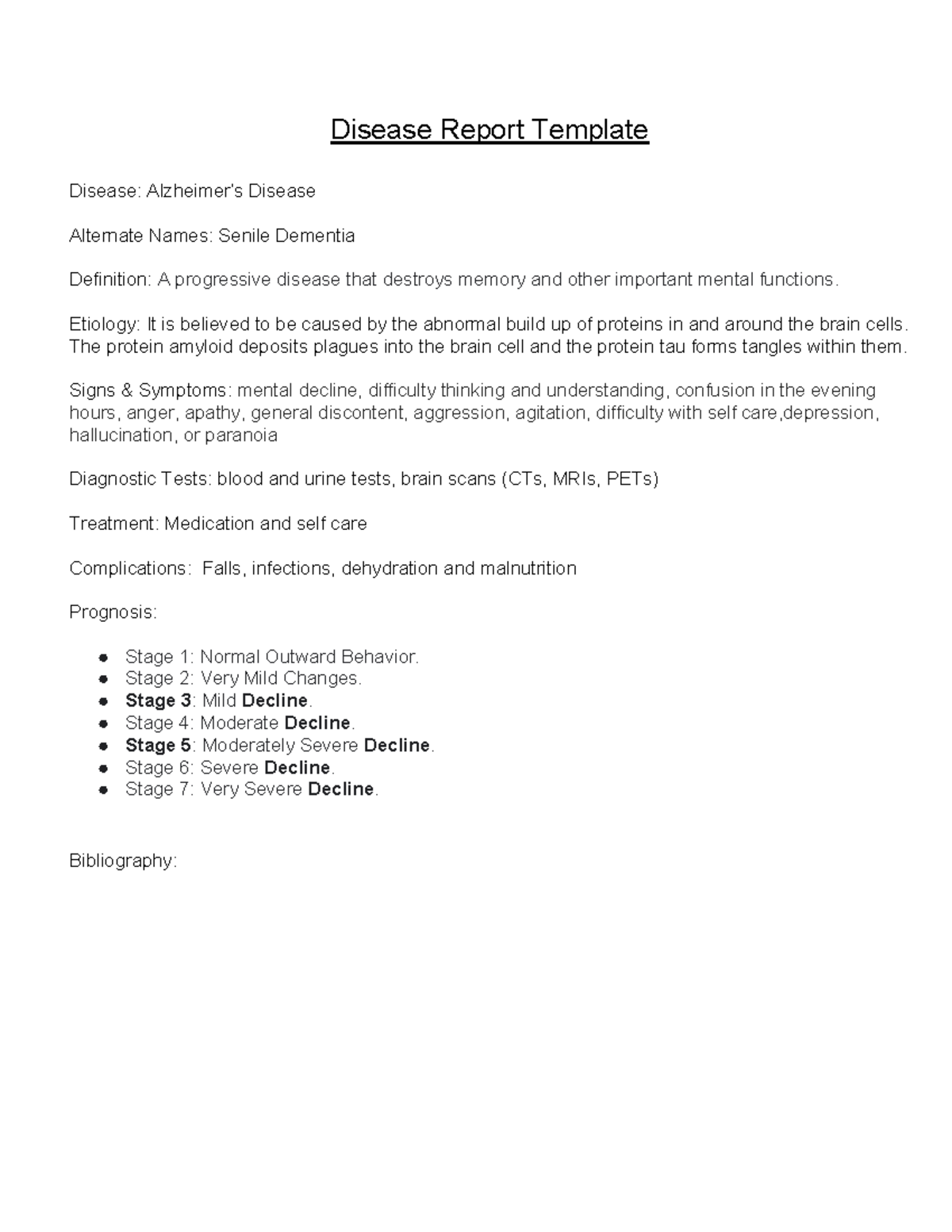 Disease Report Outline - Disease Report Template Disease: Alzheimer’s ...