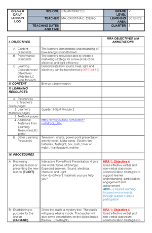 Grade 5 DLL Science 5 Q4 Week 6 - GRADES 1 to 12 DAILY LESSON LOG ...