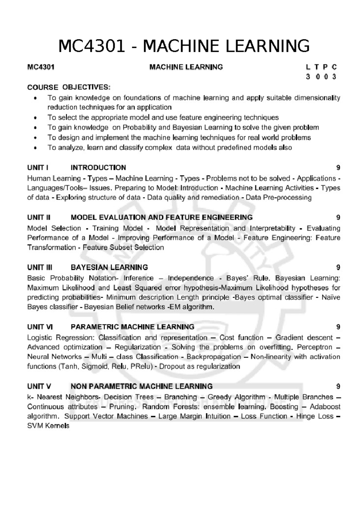 MC4301 - Machine Learning - MC4301 - MACHINE LEARNING Human Learning: Human learning is the ...