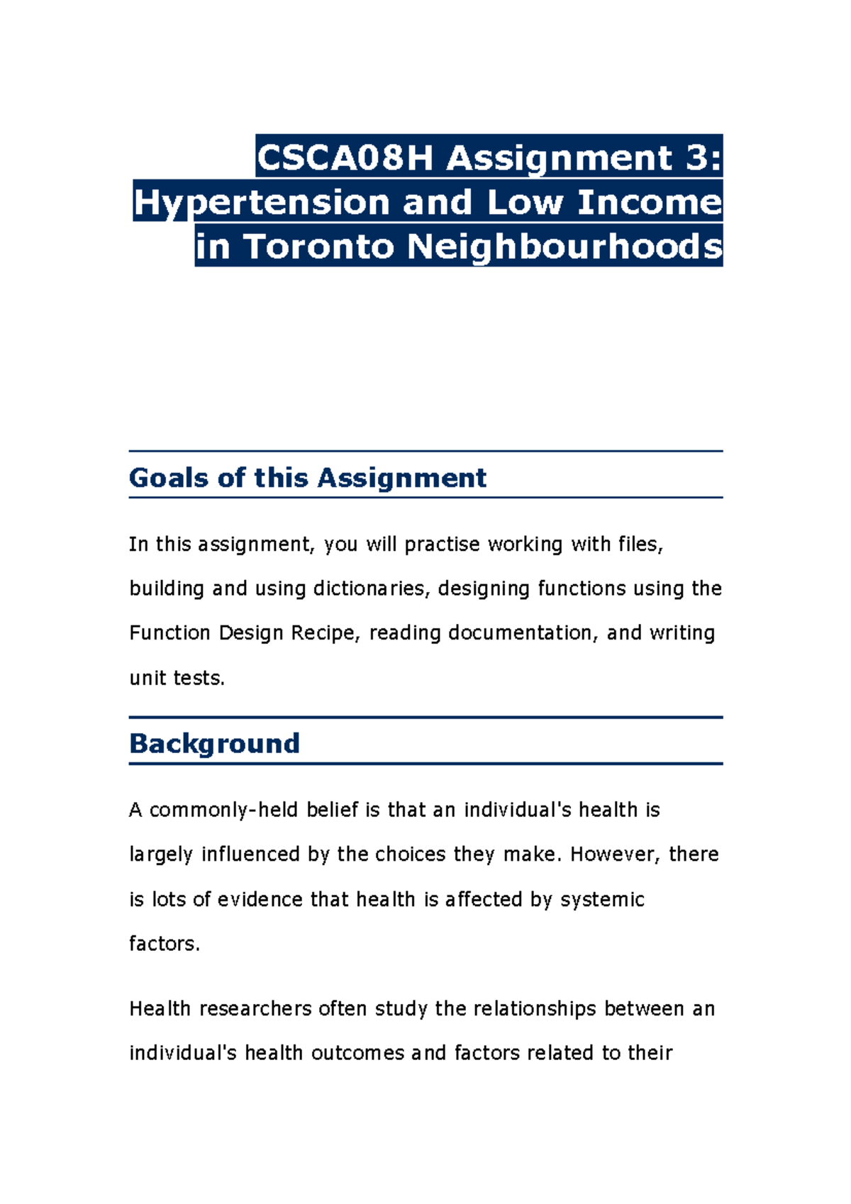 CSCA08 H Assignment 3 - notes - CSCA08H Assignment 3: Hypertension and ...