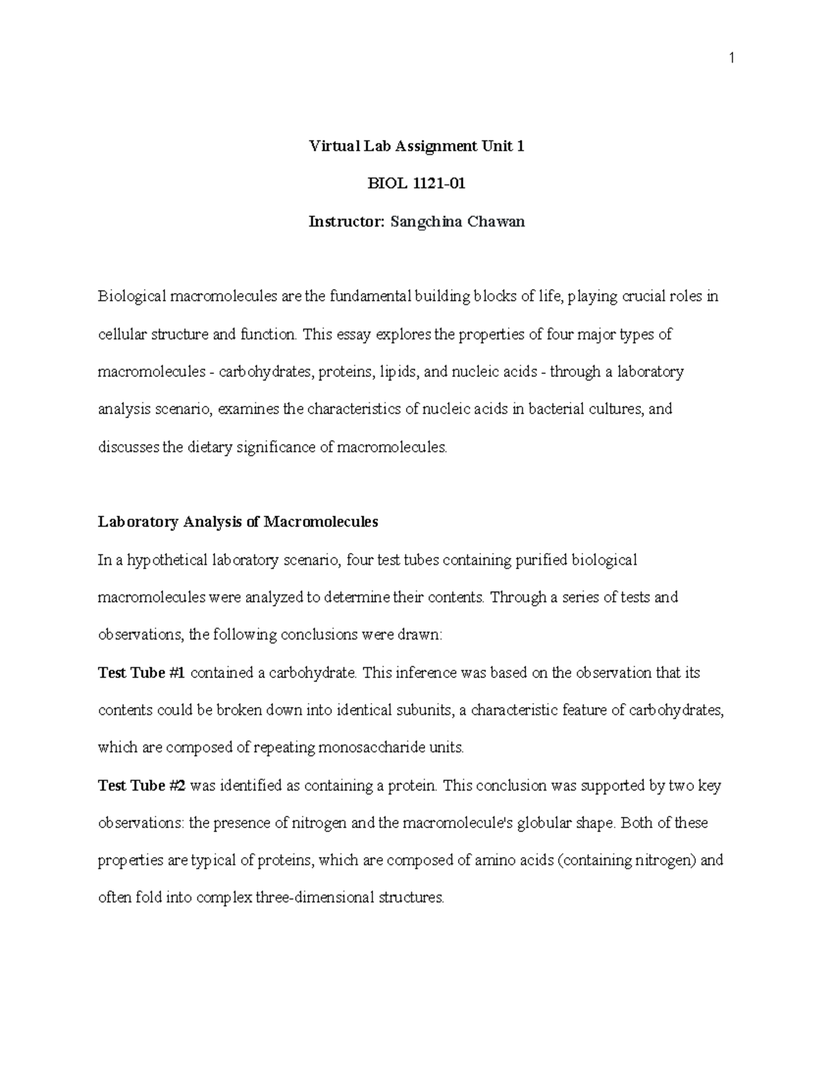 Biol 1121-01 Assignment Activity Unit 2 - Virtual Lab Assignment Unit 1 BIOL 1121- Instructor ...