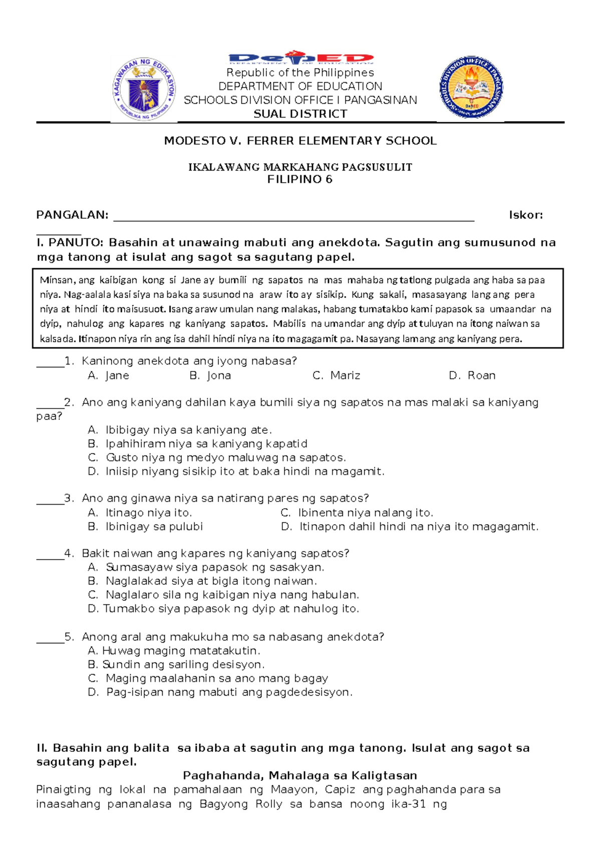 G6 Q2 FIL Edited - Grade 6 quarter 2 Exam w/ TOS Filipino - Republic of ...