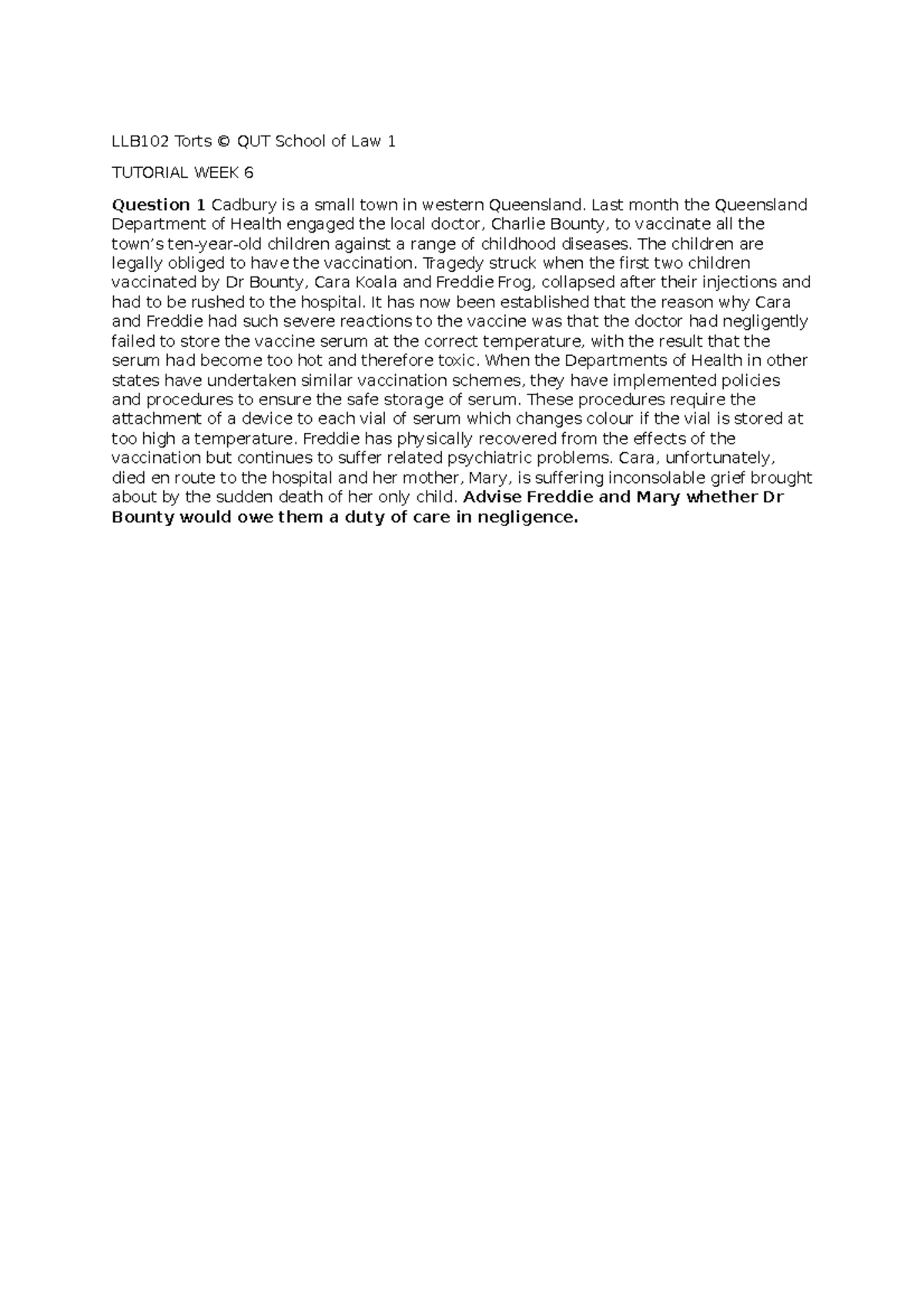 LLB102 Torts Tutorial w6 - LLB102 Torts © QUT School of Law 1 TUTORIAL WEEK 6 Question 1 Cadbury ...