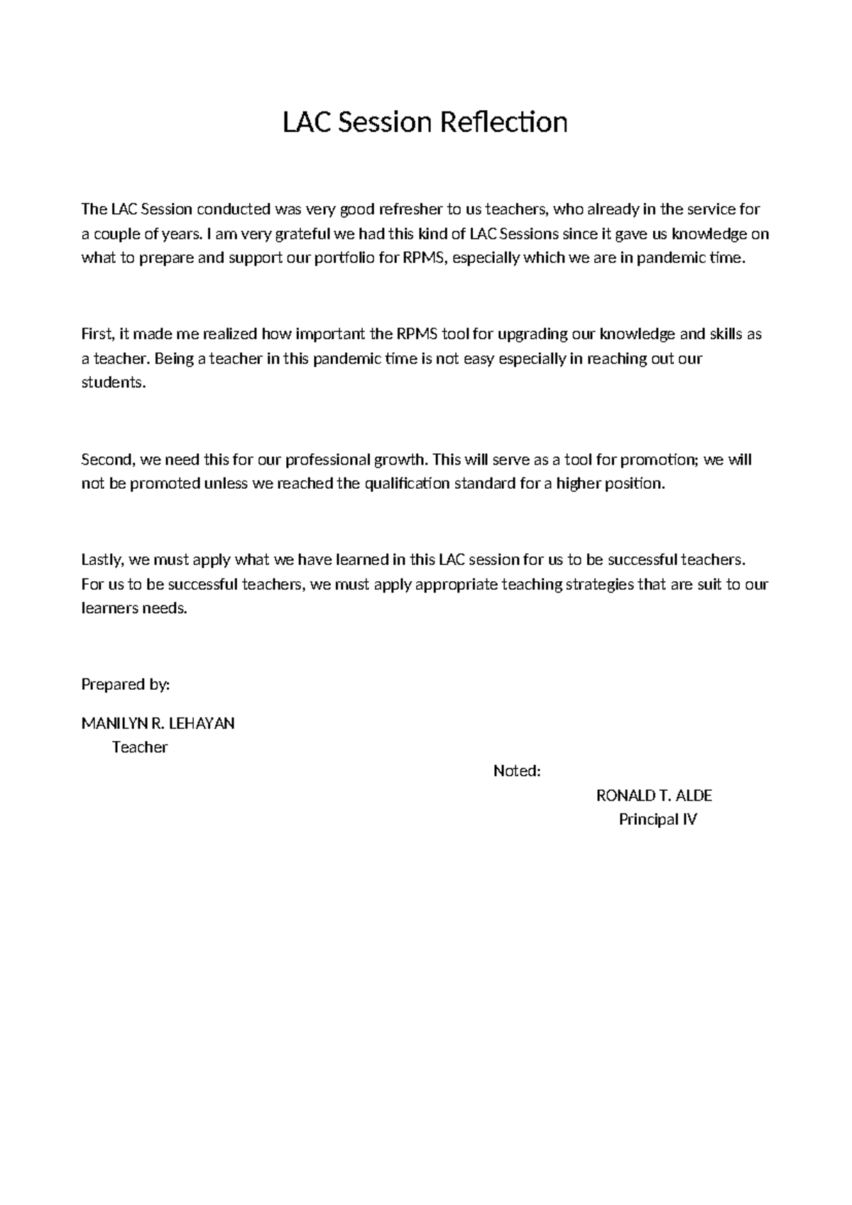 8 LAC Session Rflection - LAC Session Reflection The LAC Session conducted was very good ...