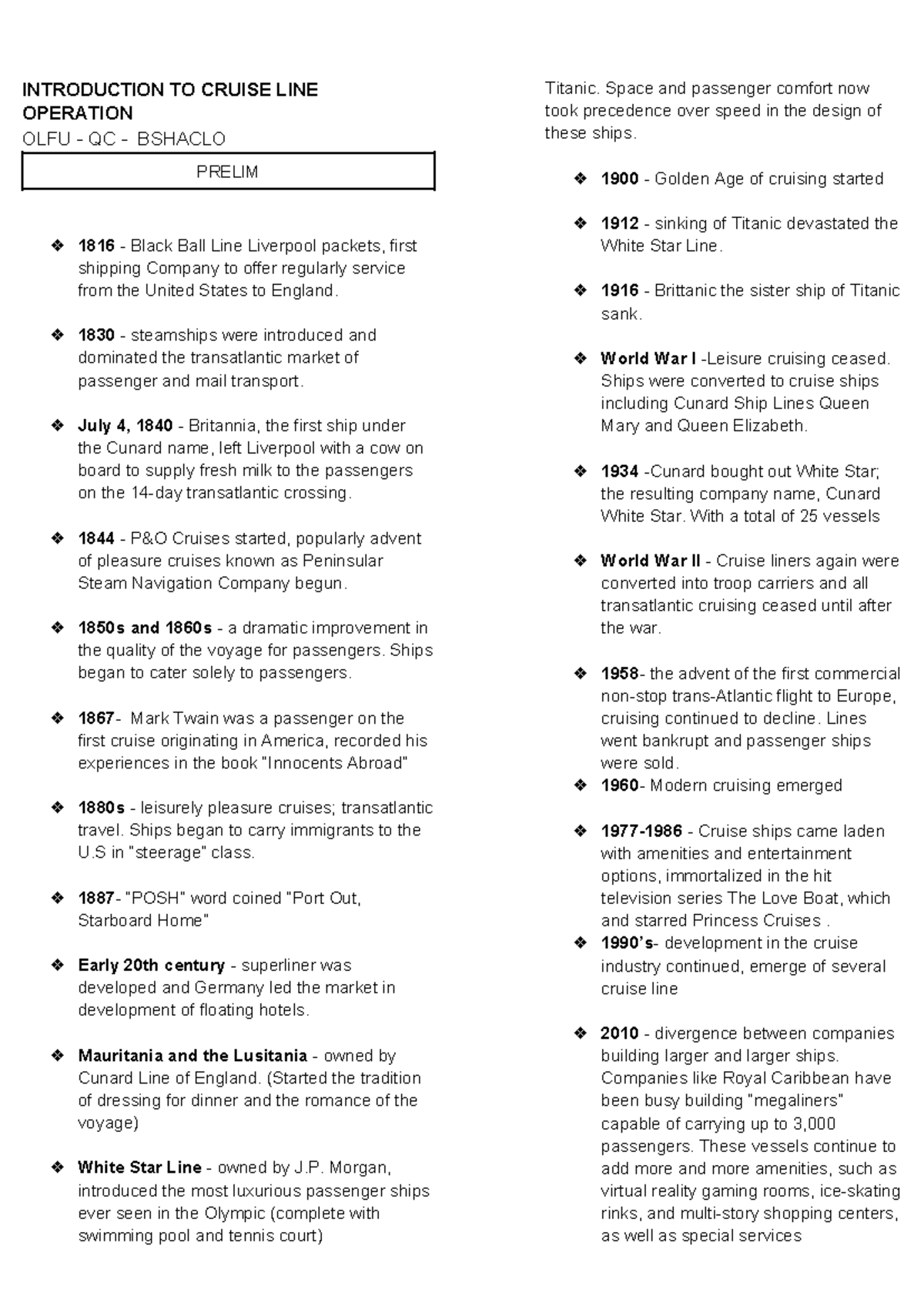 iclo notes reviewer - INTRODUCTION TO CRUISE LINE OPERATION OLFU - QC ...