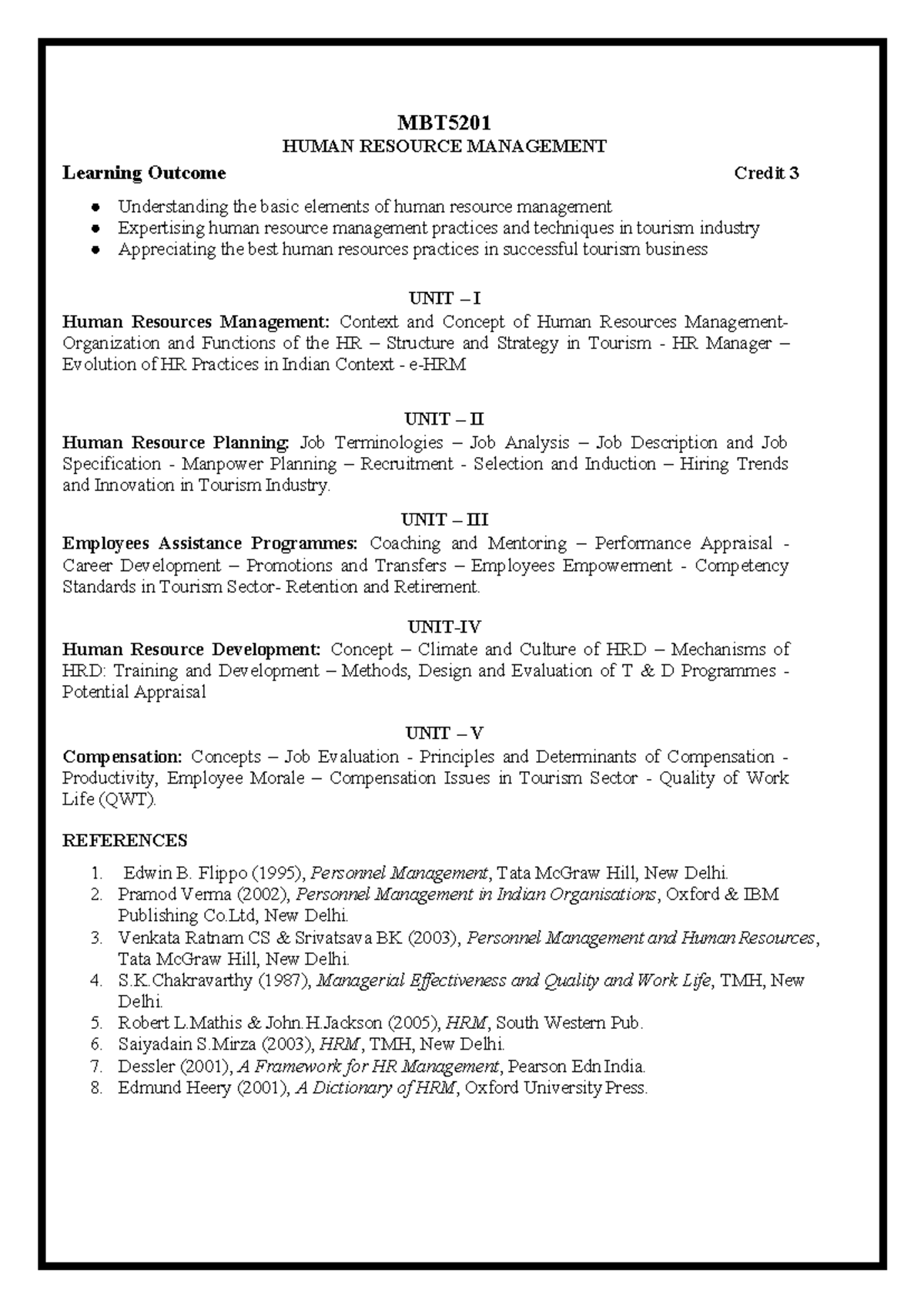 Tourism-11 Human Resource management - MBT HUMAN RESOURCE MANAGEMENT Learning Outcome Credit 3 ...